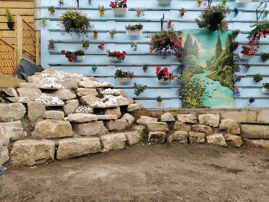 Gabion cobbled retaining wall, steps and more